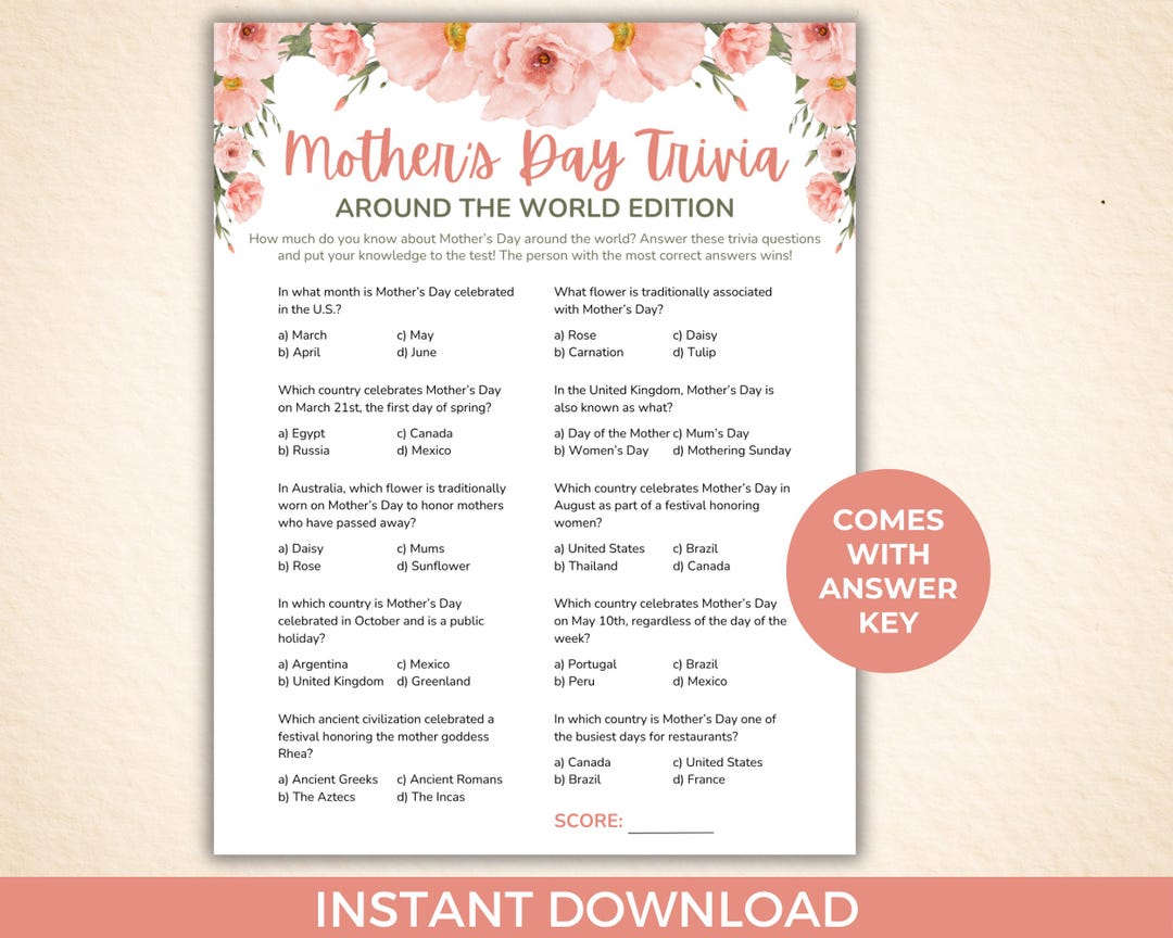 Printable Mother's Day Trivia Game, Mother's Day Brunch Activity ...