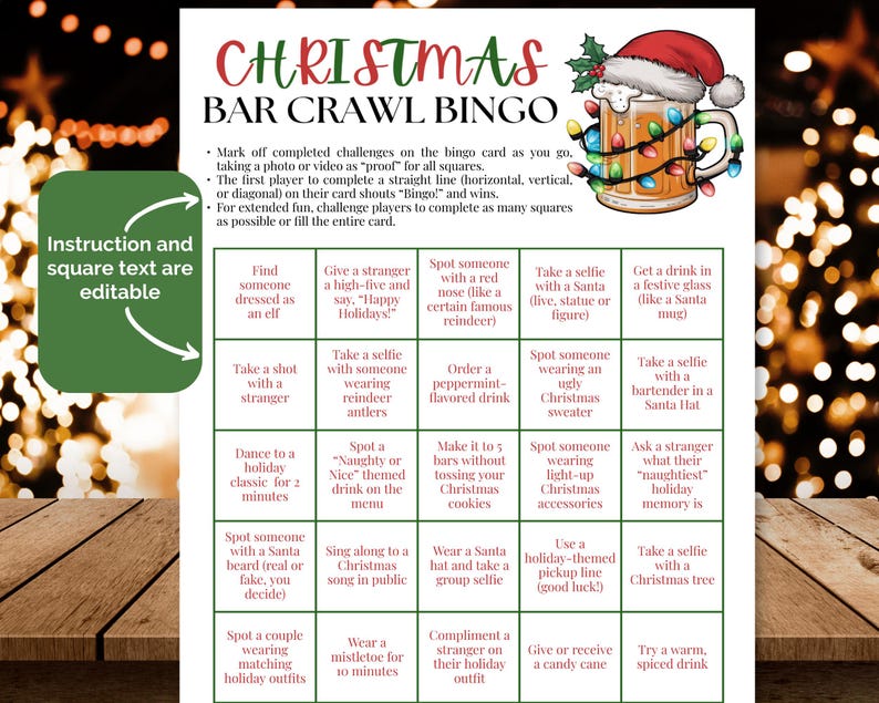 Editable Christmas Bar Crawl Bingo | Christmas Bar Crawl Bingo in US ...
