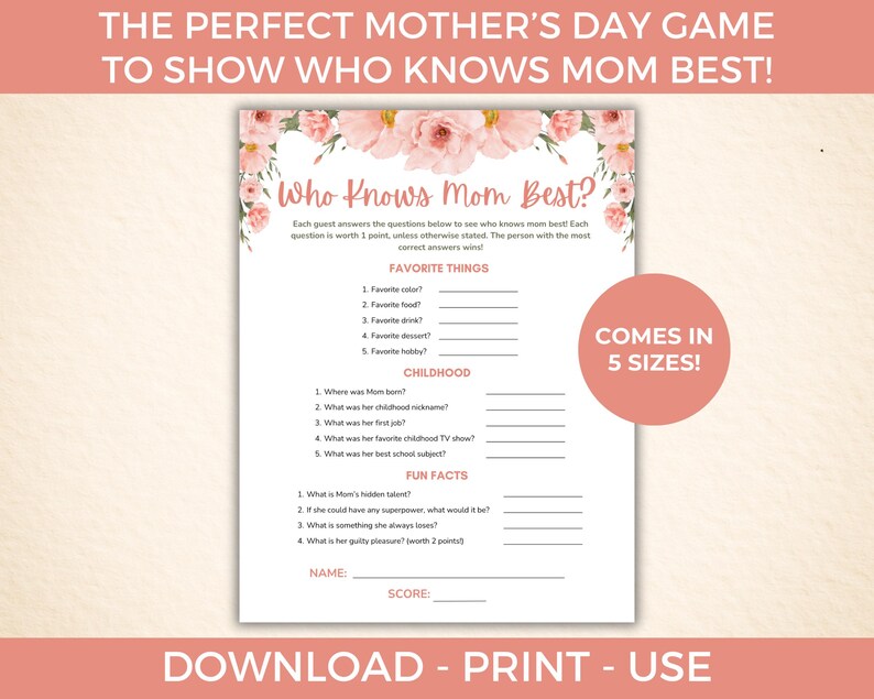 Printable Who Knows Mom Best Game, Mother's Day Game, All About Mom ...