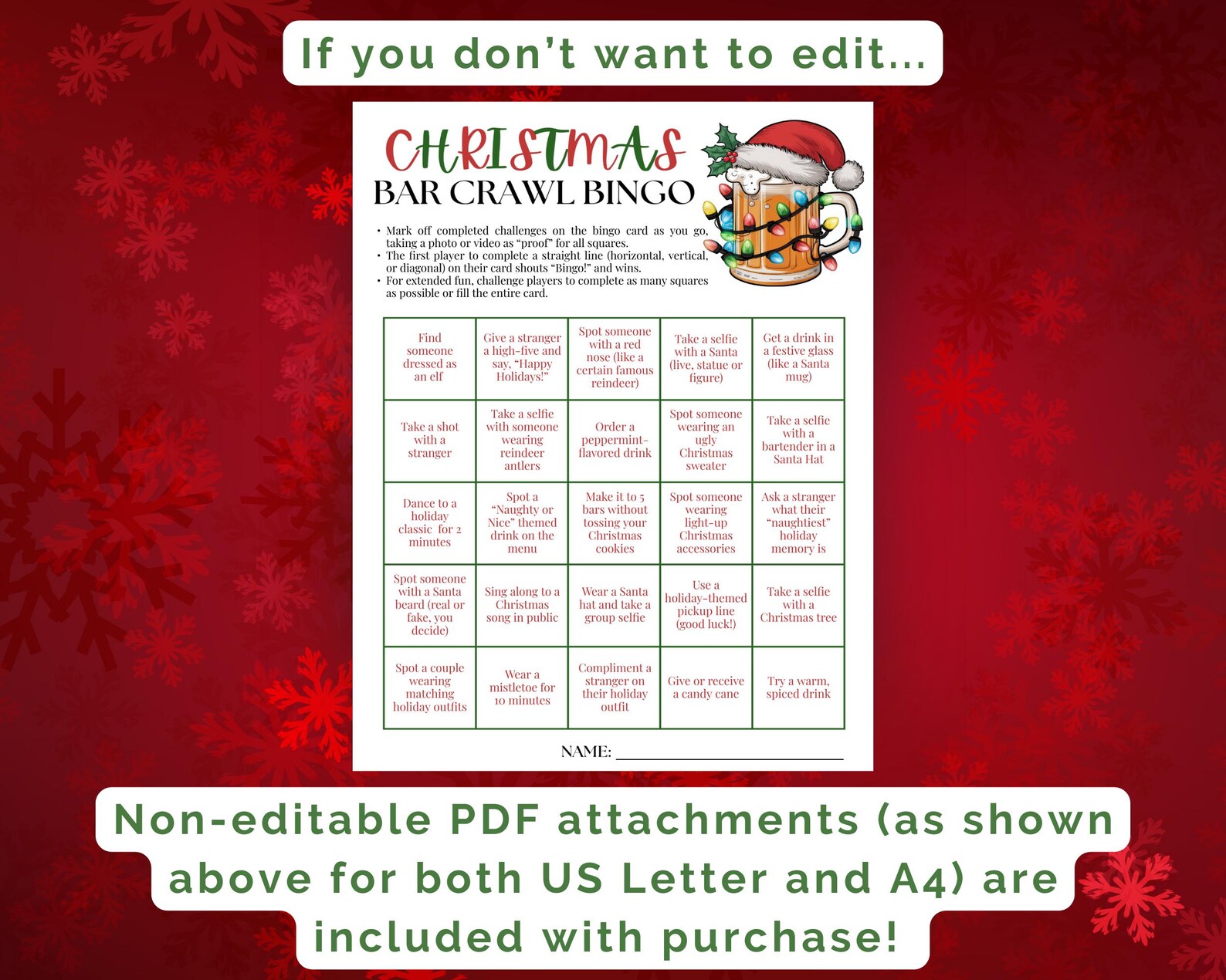 Editable Christmas Bar Crawl Bingo | Christmas Bar Crawl Bingo in US ...
