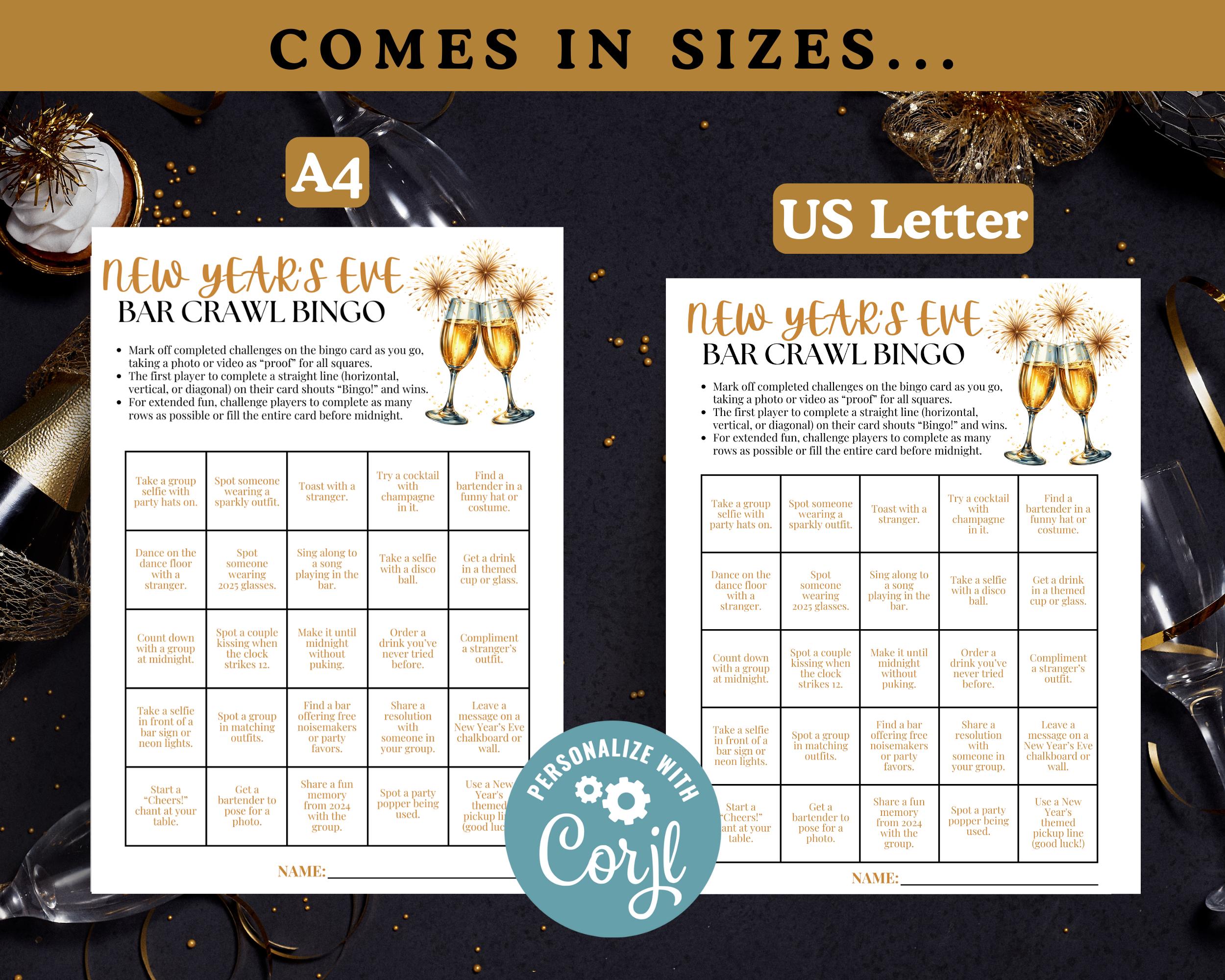Editable New Year's Eve Bar Crawl Bingo | New Year's Eve Bar Crawl ...