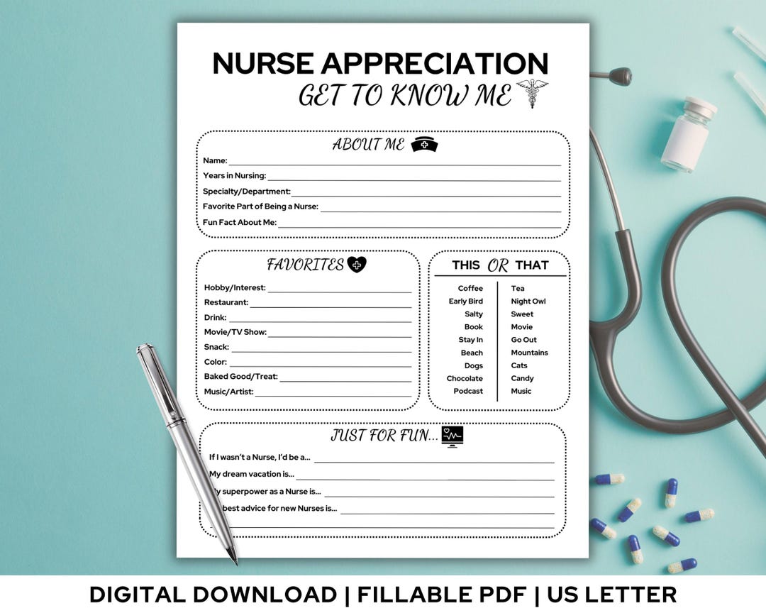 Fillable Nurse Appreciation Get to Know Me Survey, Nurse Appreciation ...