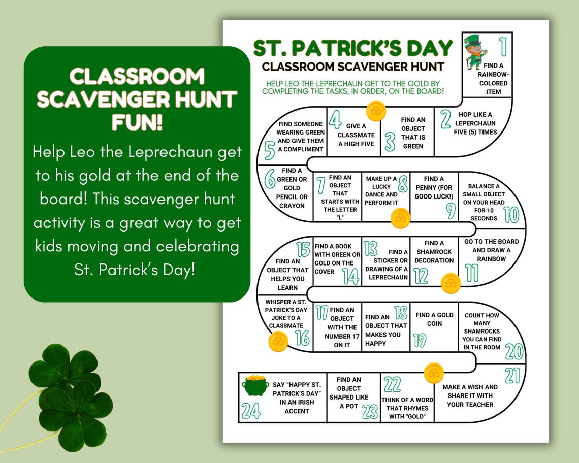 St Patrick's Day Classroom Scavenger Hunt, Printable St Patrick's Day ...