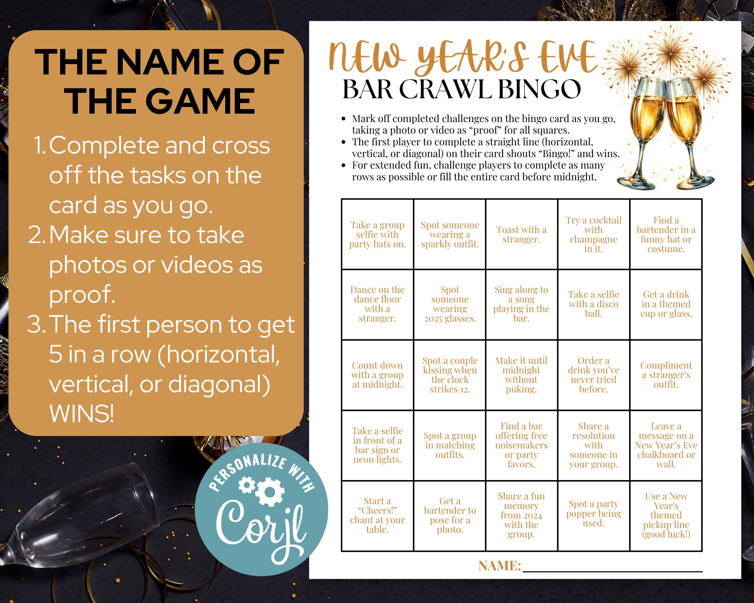 Editable New Year's Eve Bar Crawl Bingo | New Year's Eve Bar Crawl ...