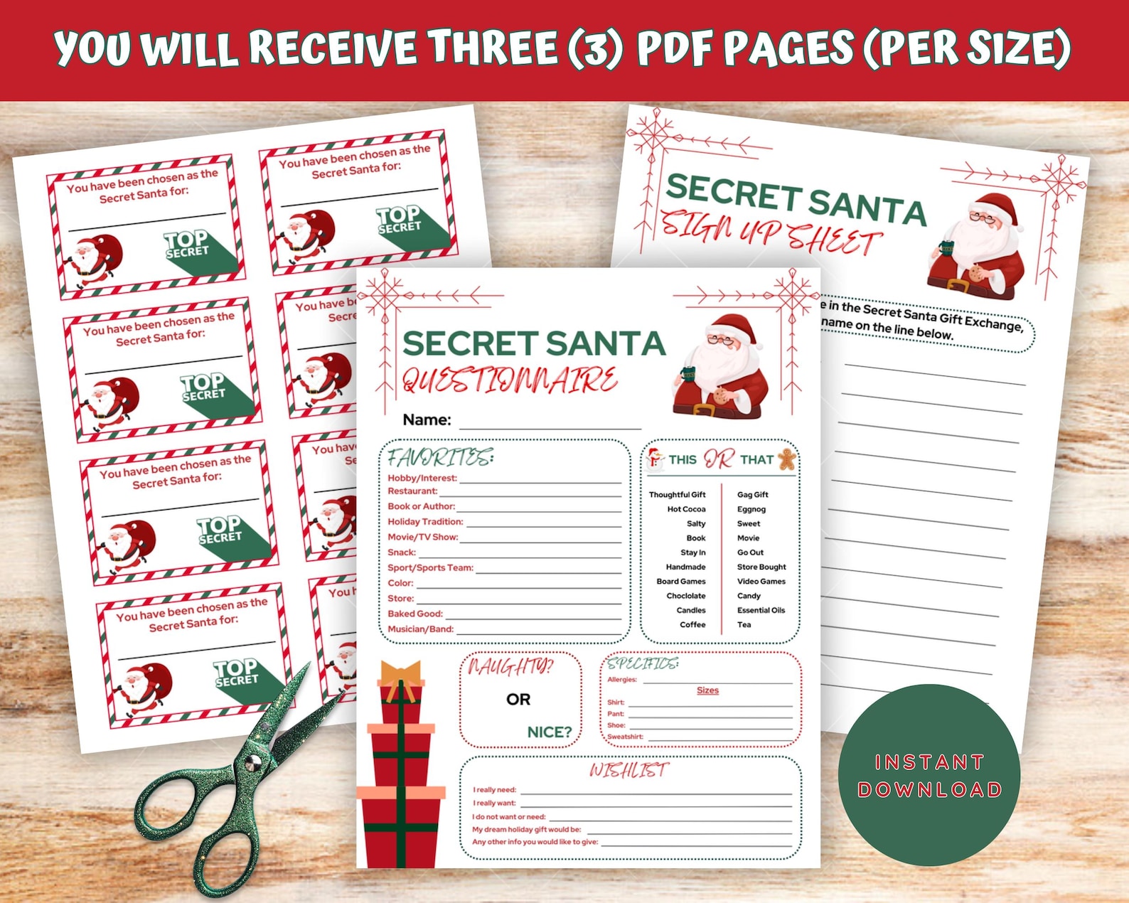 Secret Santa Questionnaire, Slips and Sign-up Sheet Printable Secret ...