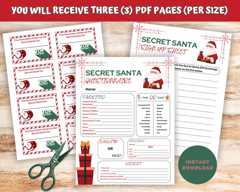 Secret Santa Questionnaire, Slips and Sign-up Sheet | Printable Secret ...