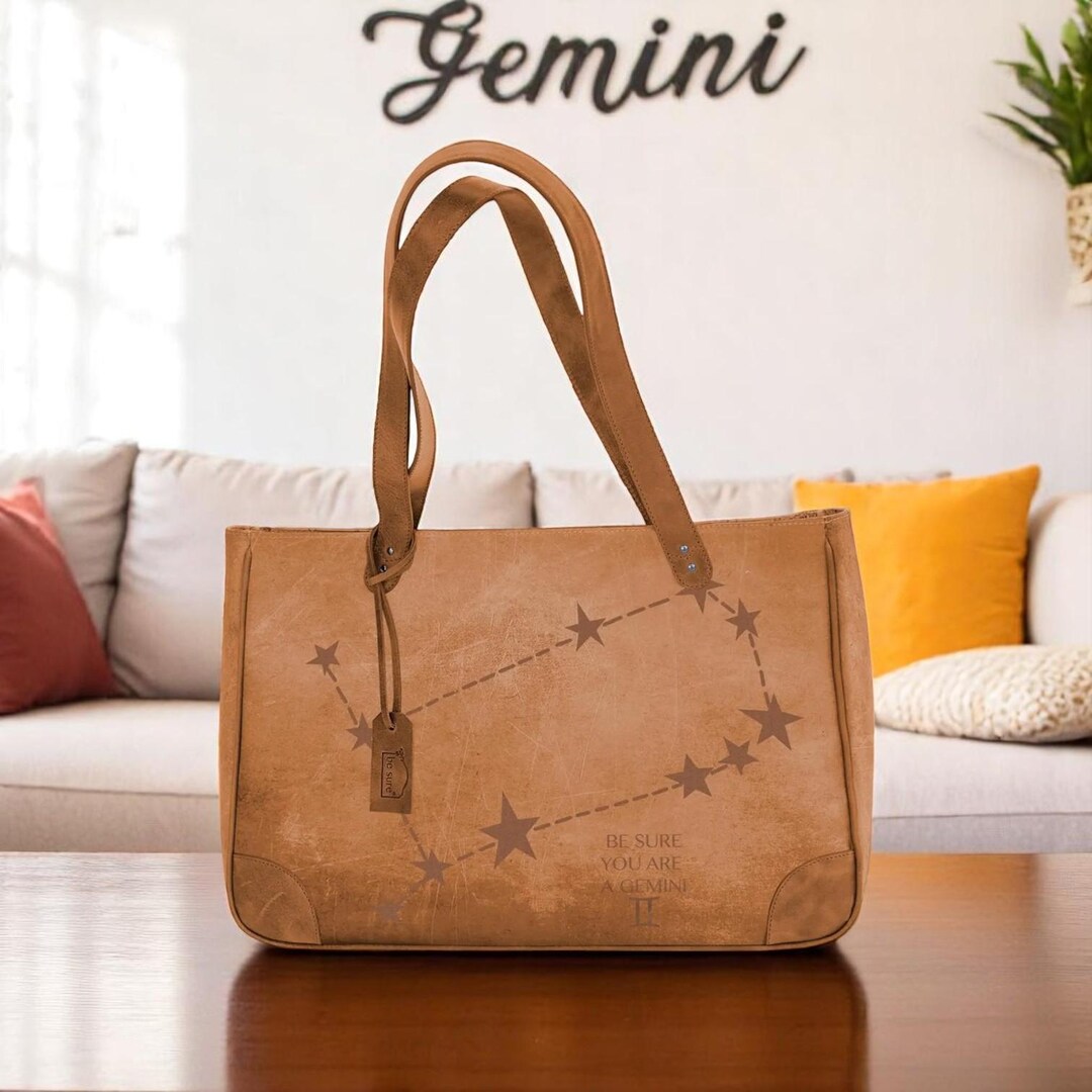 Gemini Zodiac Leather Shoulder Bag, Vintage Brown Astrology Tote ...