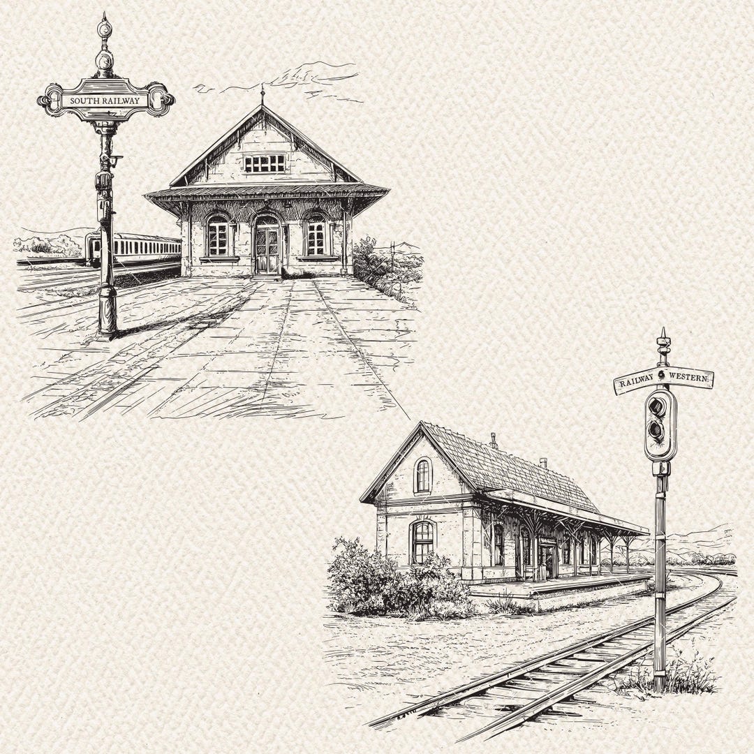 Set of 2 Vintage Train Station SVG & PNG, Old Train Station Clipart ...