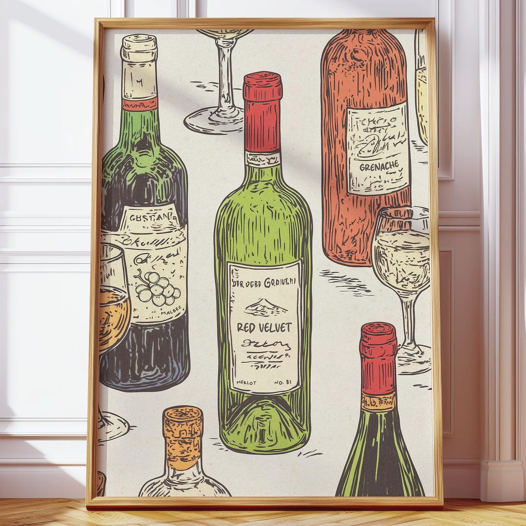 Hand Drawn Wine Bottle Digital Art Poster, Vintage Various Wines ...