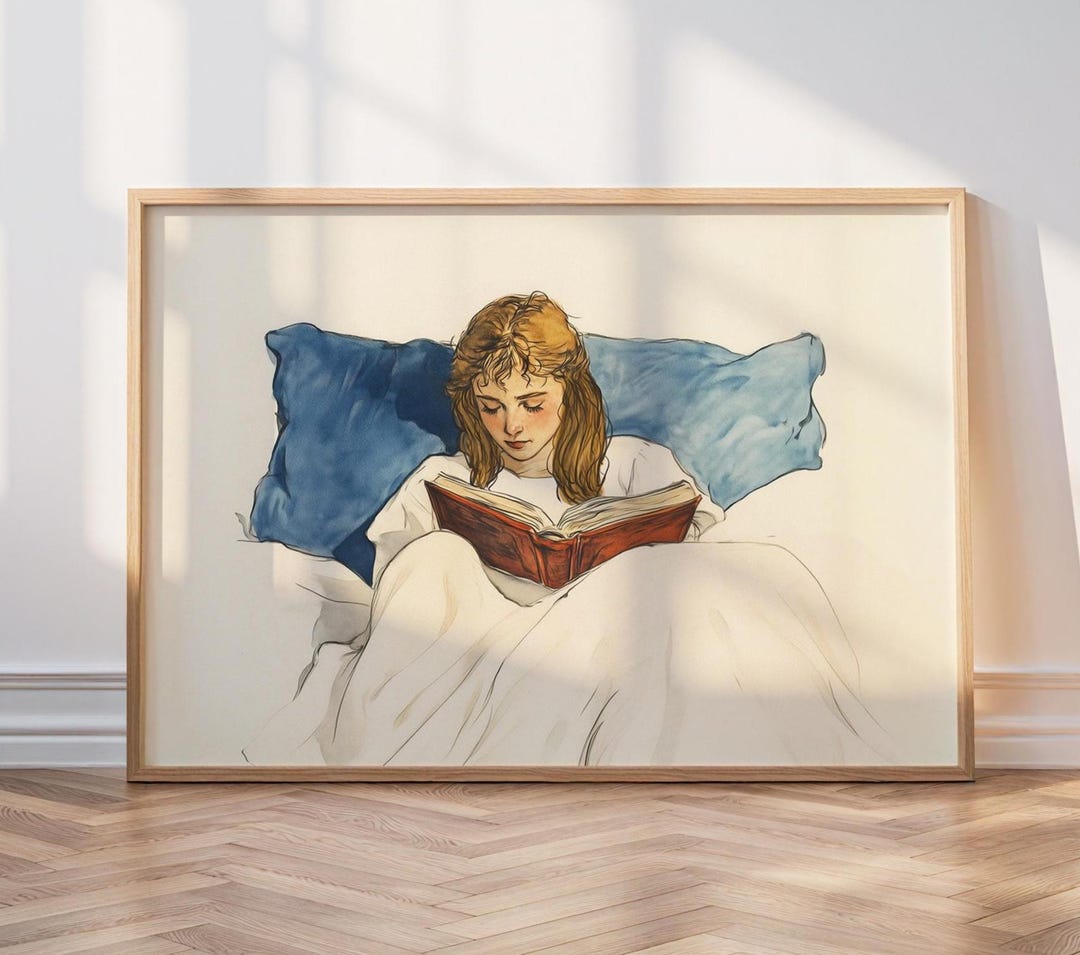Vintage Book Reading Girl Poster, Cozy Bedtime Wall Art, Boho ...