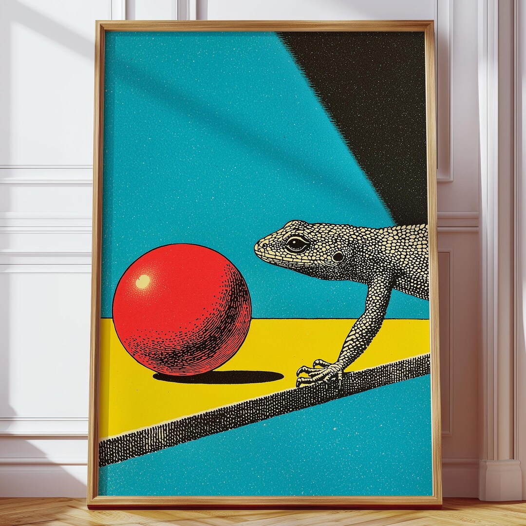 Surreal Lizard and Red Sphere, Ball Illustration Poster - Retro Pop Art ...