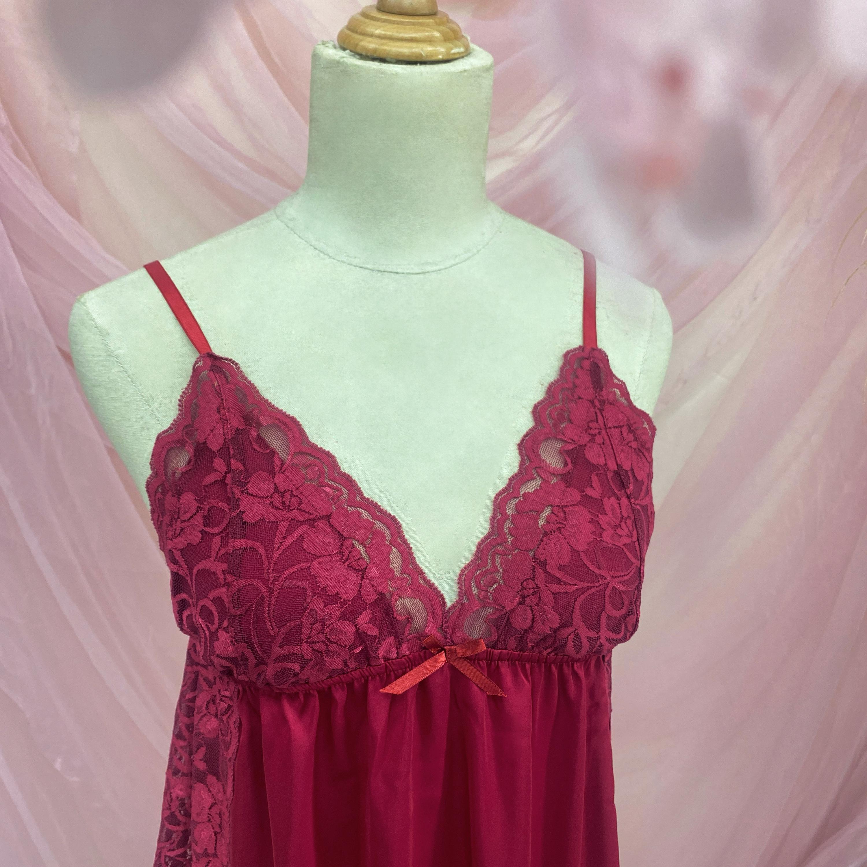 Elegant Nightgown Deep V-neck Nightgown Beautiful Red Lace Nightgown ...