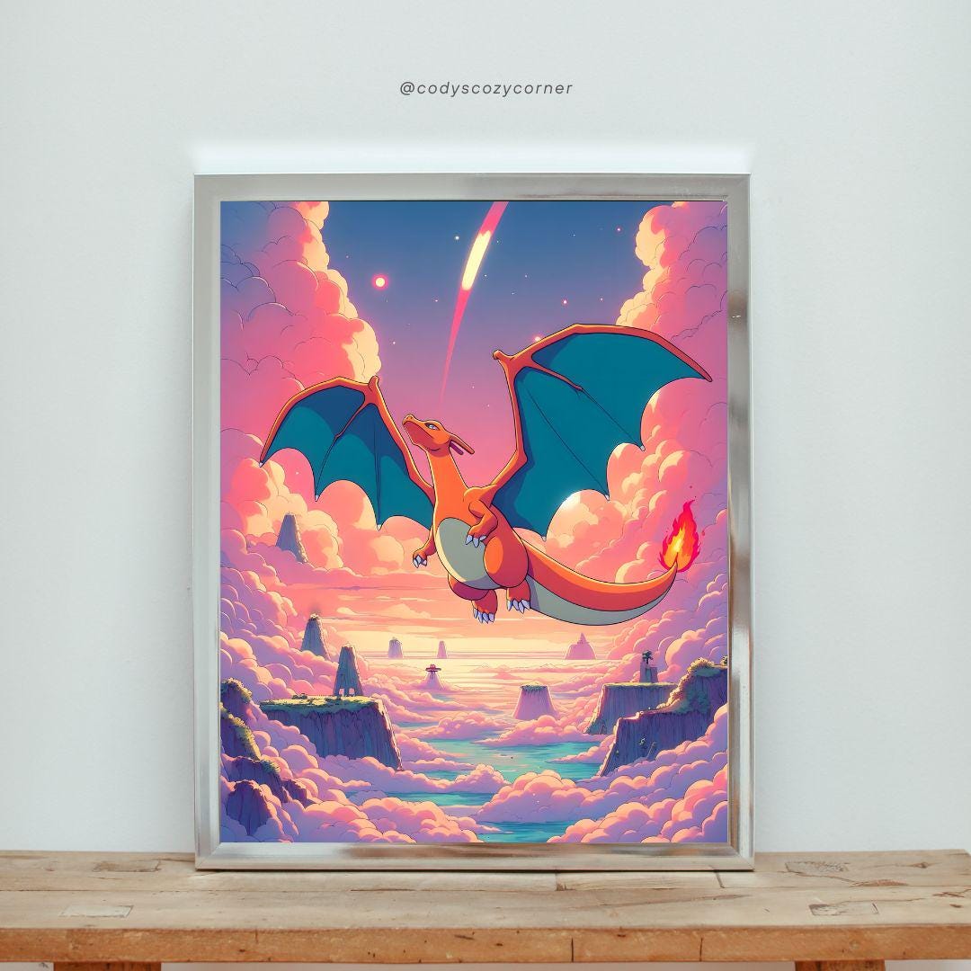 Charizard Sky Rider Vintage 80s Anime-inspired Pokémon Wall Art Digital ...