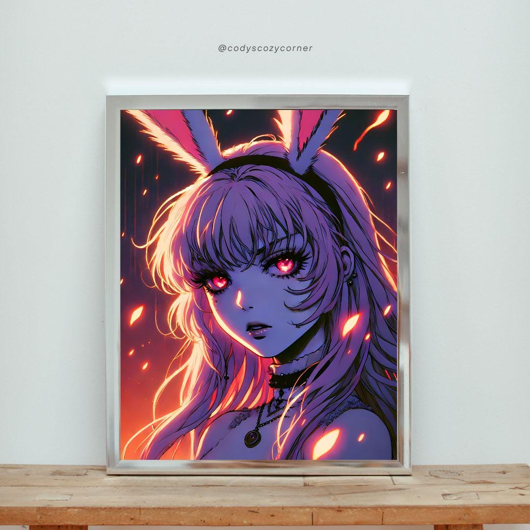 Goth Bunny Girl Burning Resolve 80s/90s Anime-inspired Digital Wall Art ...
