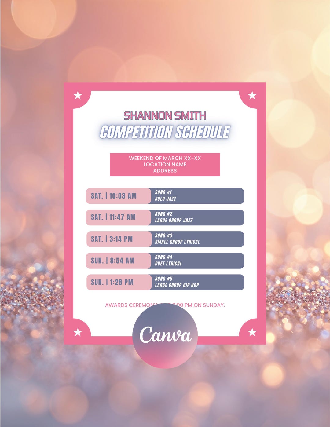 Dance Competition Printable Schedule Template | Recital and Rehearsal ...