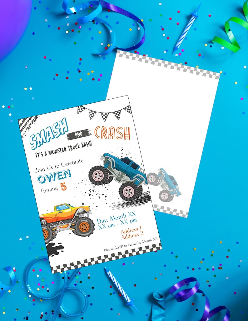 Monster Truck Birthday Party Invitation Template Editable 5x7, Boy ...