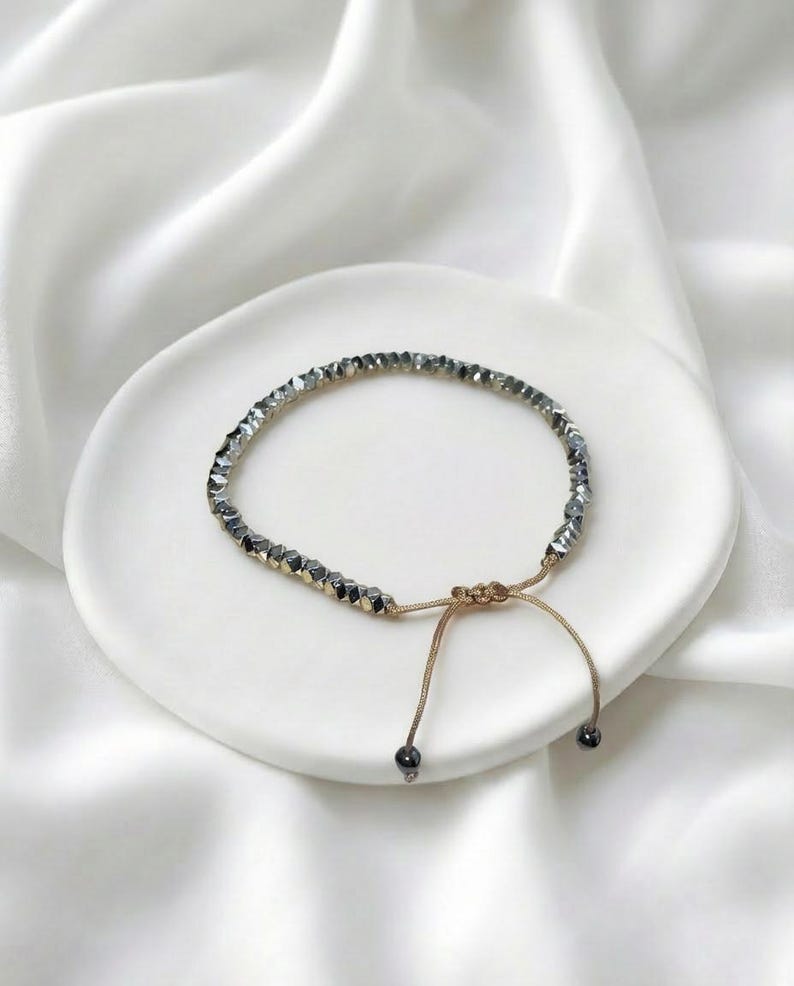 Hematite Beaded Bracelet, Adjustable Cord Bracelet, Minimalist Unisex ...