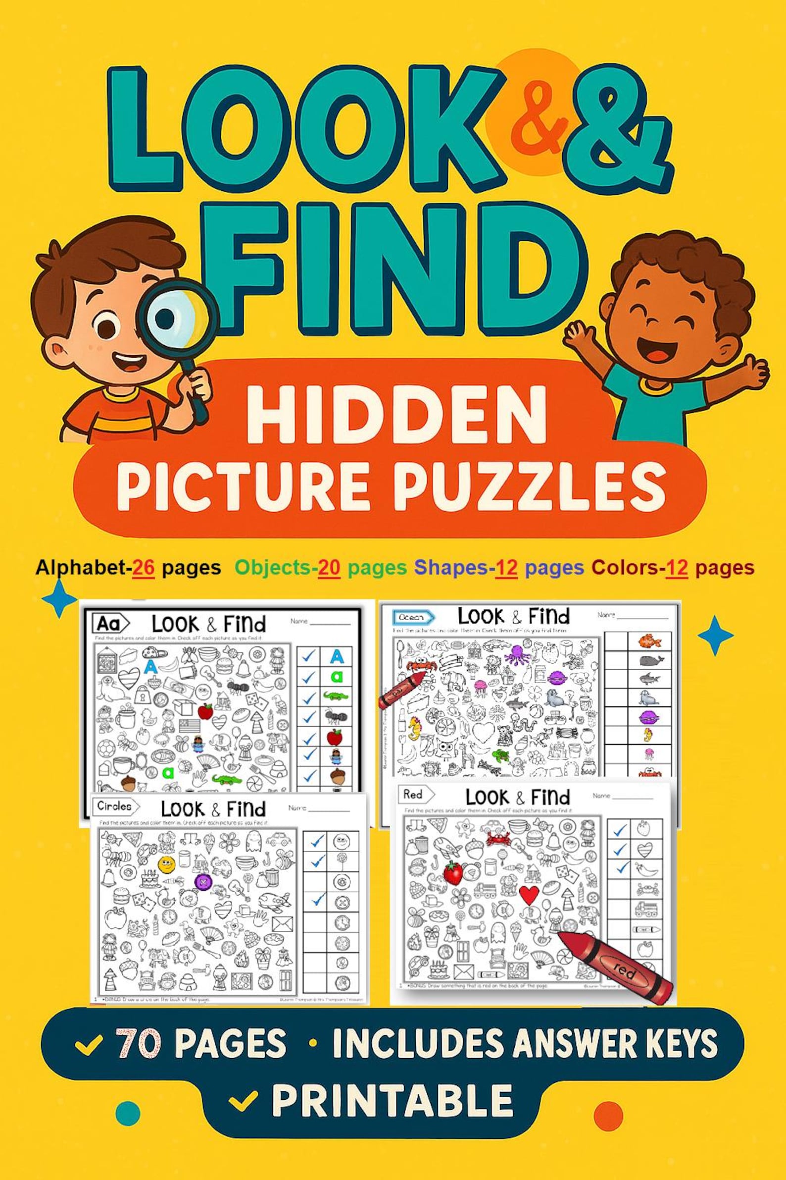 70 Pages-look & Find Hidden Picture Puzzle: Printable Activity (instant ...