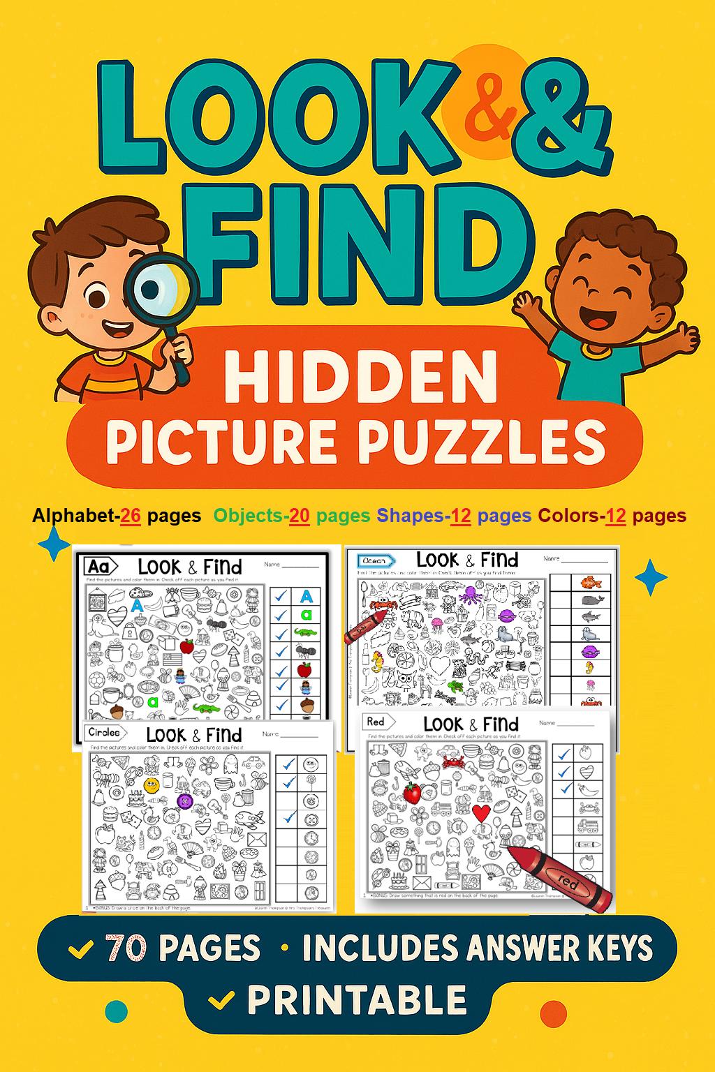70 Pages-look & Find Hidden Picture Puzzle: Printable Activity (instant ...
