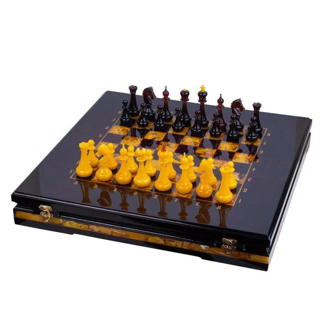 Large Luxury Amber Chess Set in Oak Casket-board With Large Amber Chess ...