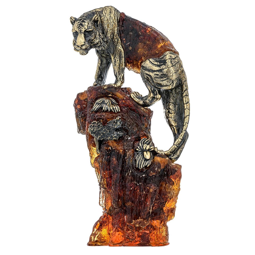Bronze Amber Figurine Tiger on Rock,amber Souvenir Gift,handmade Tiger ...