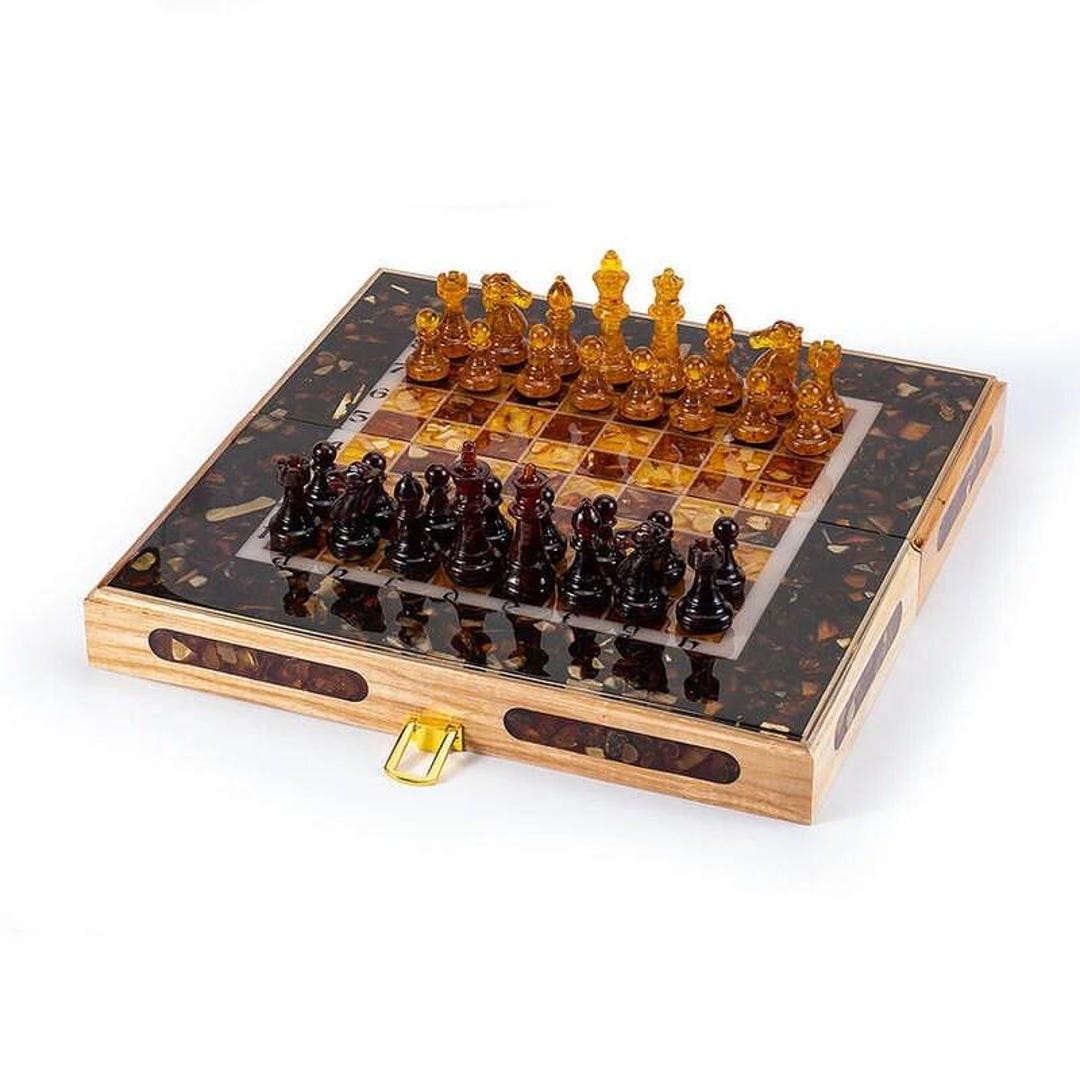 Folding Chess Set: Wood Amber Board With Resin Figures - Etsy