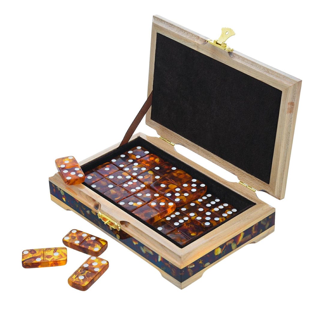 Classic Domino Set Amber Chips in Wooden Box,amber Domino Chips ...