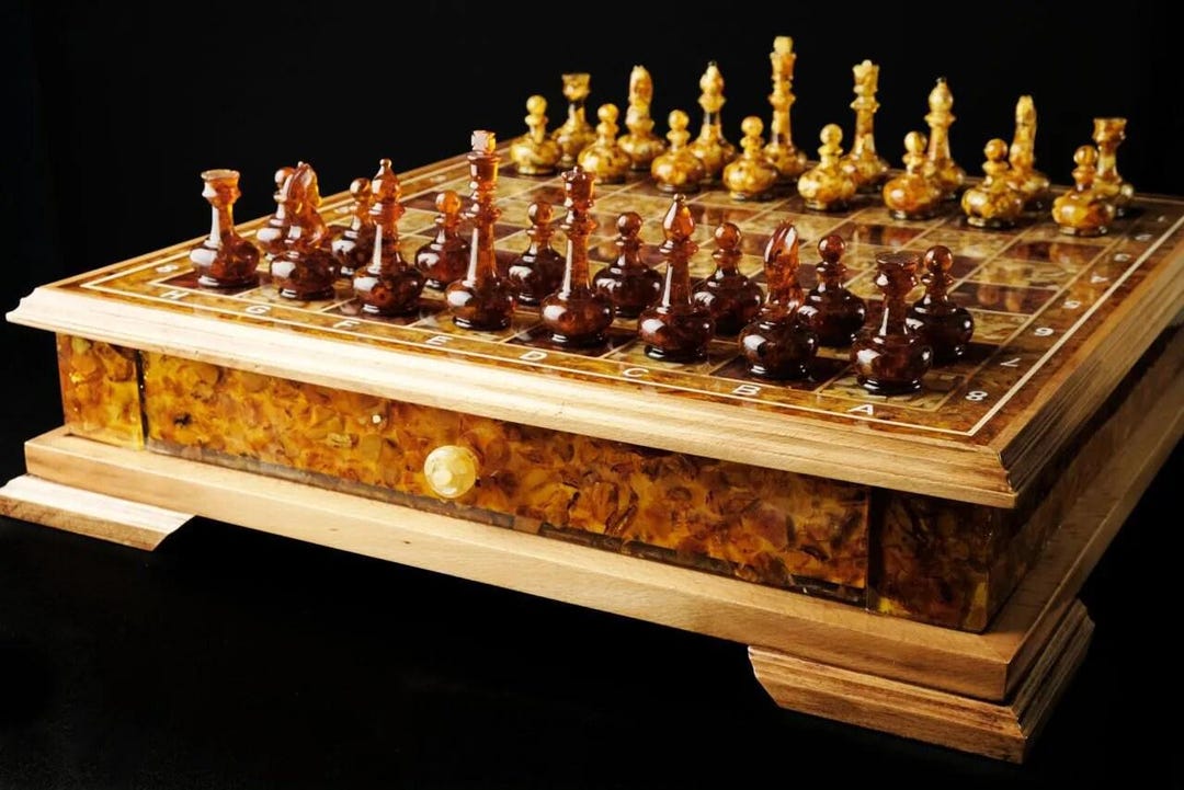 LARGE AMBER CHESS Set,premium Amber Chessboard With Drawers,amber Chess ...