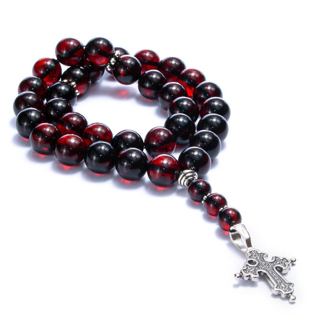 Rosary Balls Made of Natural Cherry Amber With an Orthodox Silver Cross ...
