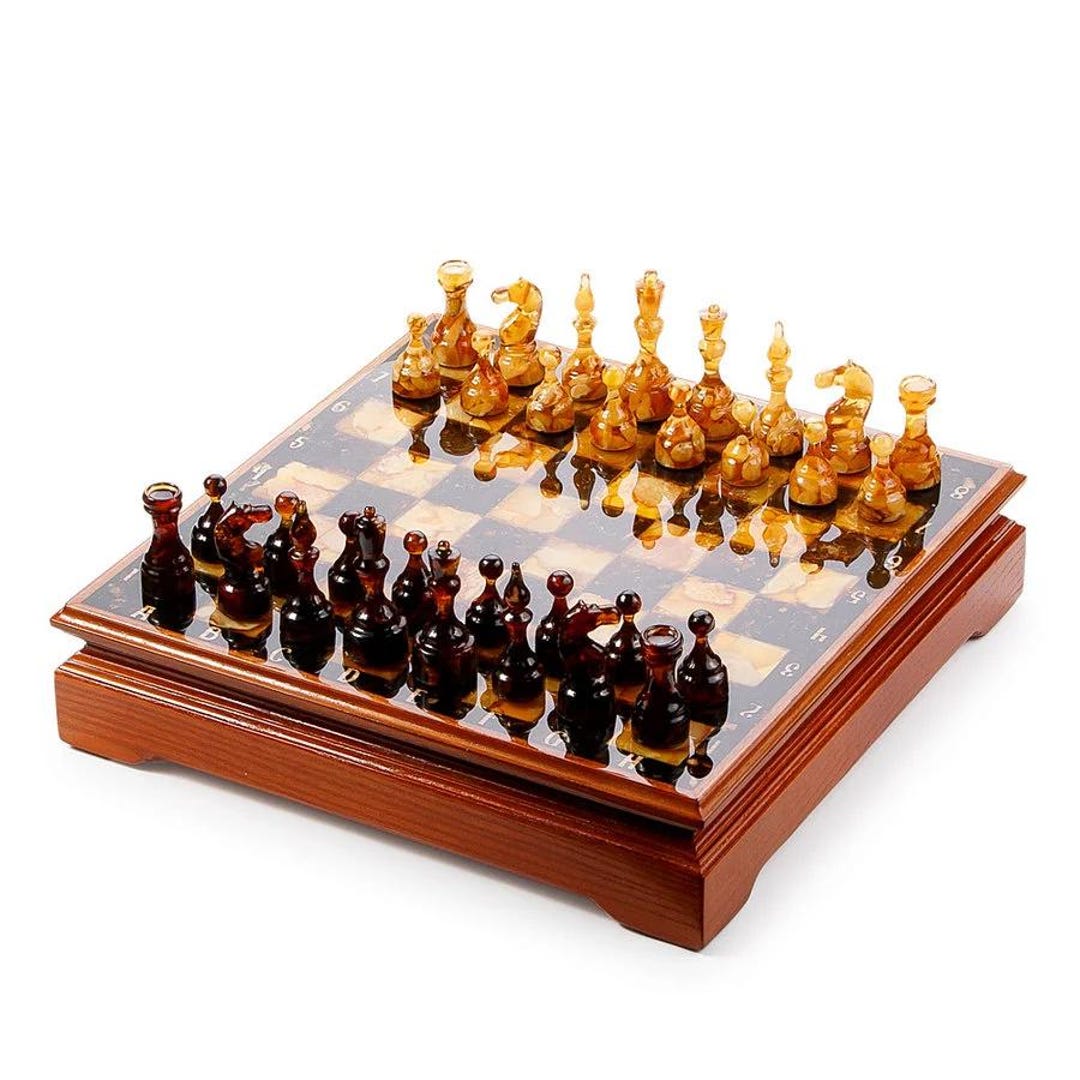 Magnificent Chess Set in a Wooden Board Decorated With Natural Amber ...