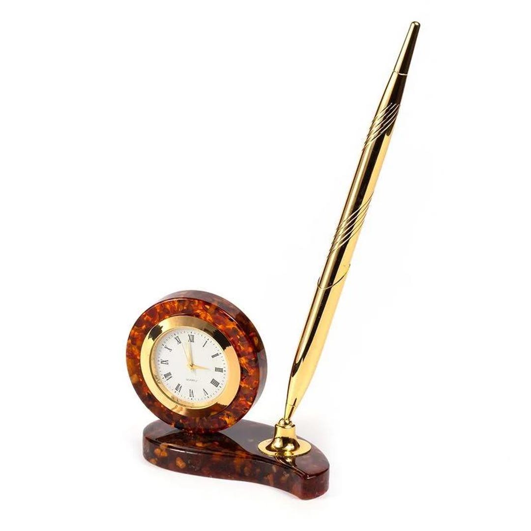 Business Souvenir Amber Clock With Pen Holder,desktop Office Organizer ...