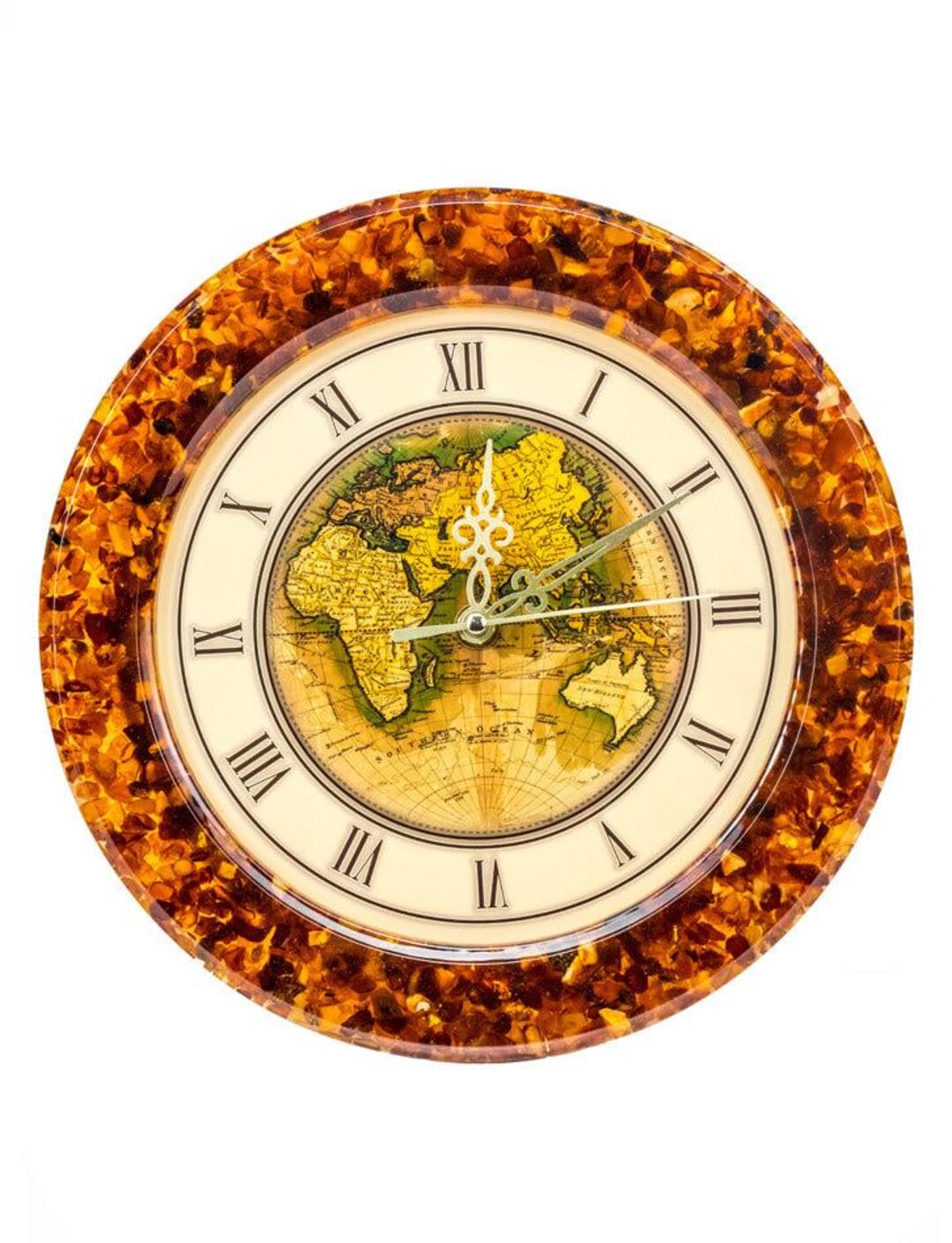 Unique Wall Clock in an Amber Mosaic Frame World Map|amber Gift|home ...