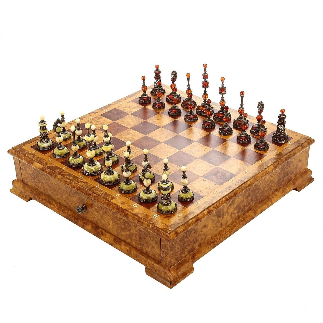 Chess Set in Birch Cap Casket With Amber Pieces 43x43cm|unique Chess ...