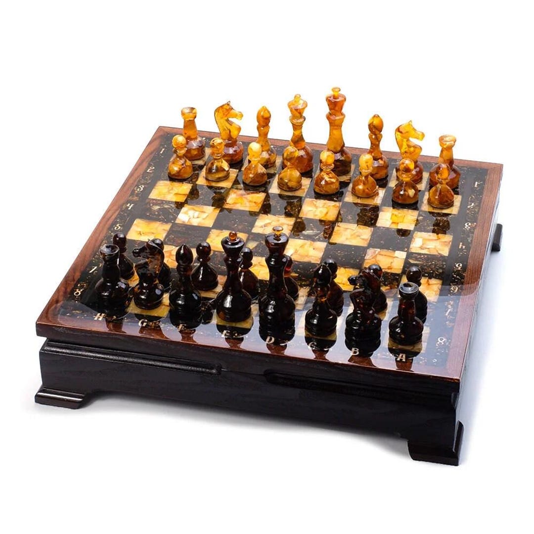 Handmade Luxury Chess Set With Natural Amber Figures|wood Amber Mosaic ...