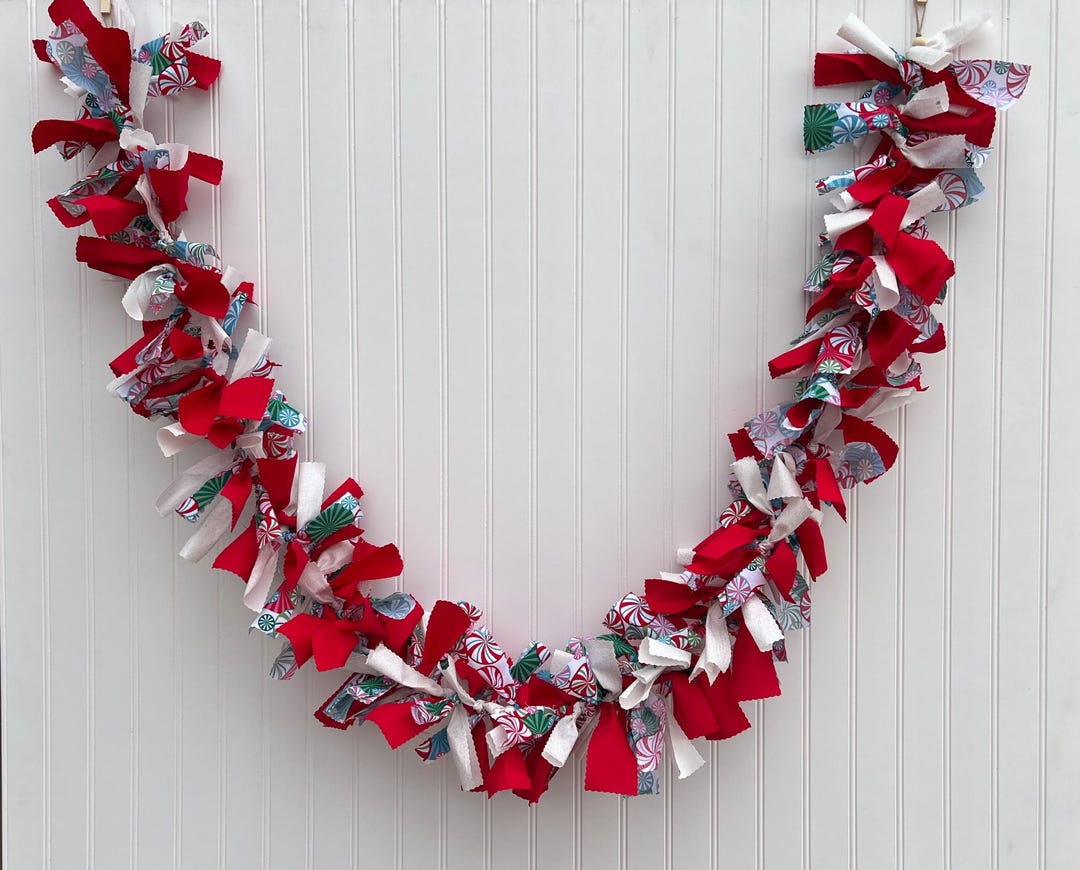 Candy Cane Christmas Rag Garland • Handtied Fabric Garland • Festive ...