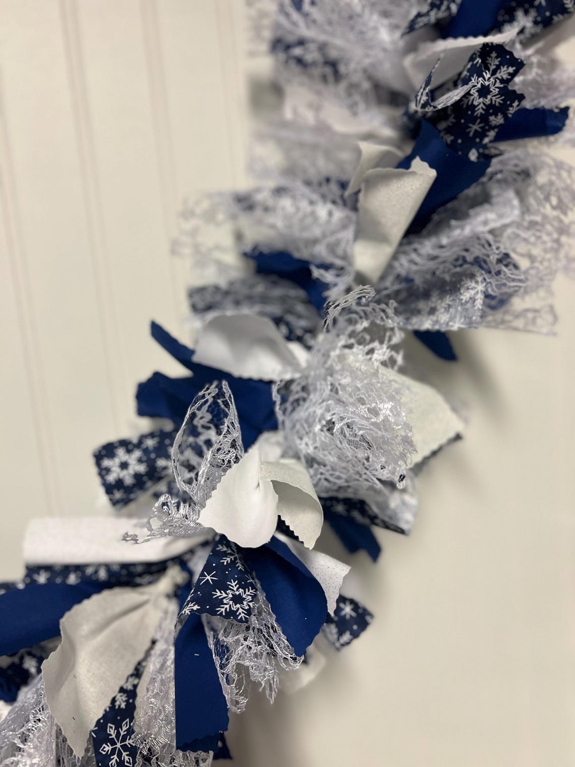 Navy Blue Snowflake Rag Garland by Themozycorner • White Lace Garland ...