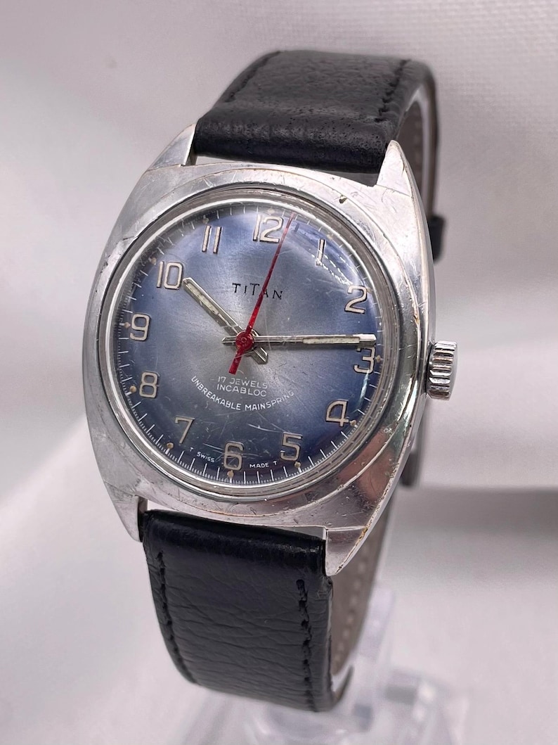1970s TITAN Unisex Watch: 15 Jewel Manual Wind, Blue Dial, Leather ...
