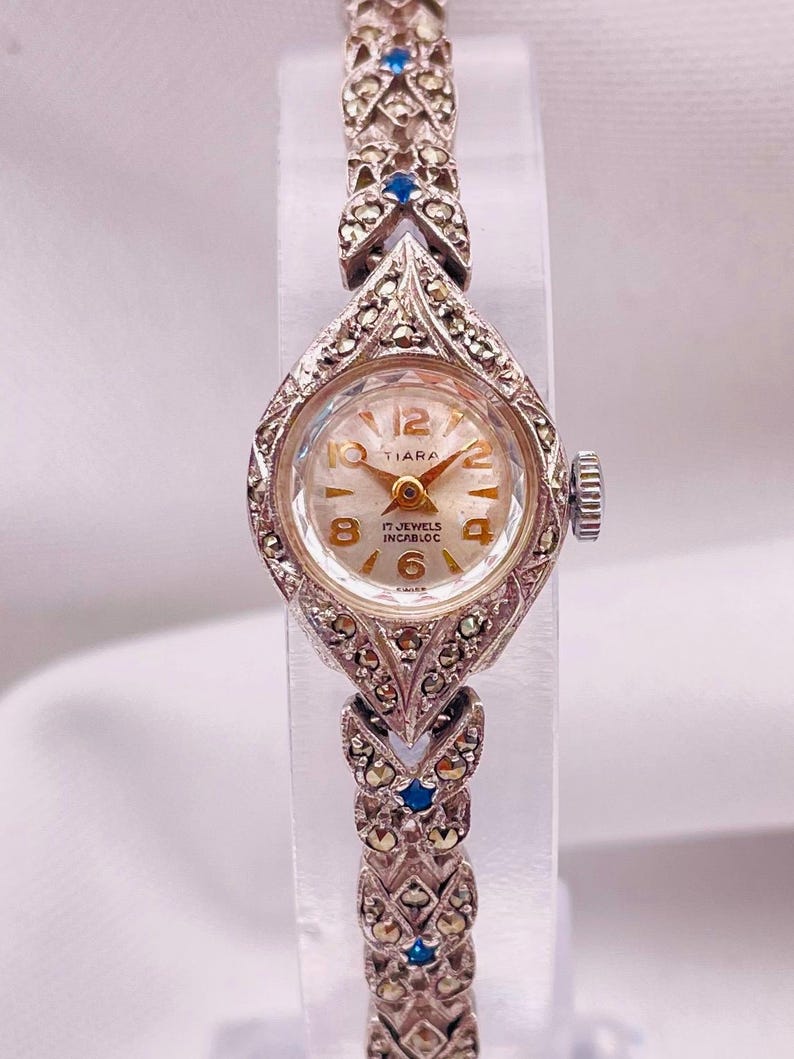 Elegant Vintage 1950s Cocktail Watch: Rhodium Plated With Marcasite and ...