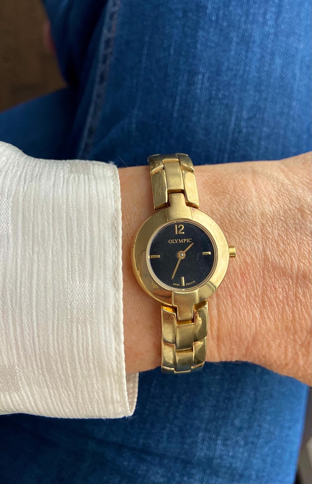 Vintage 1990s Ladies OLYMPIC Quartz Wristwatch Black Dial, Gold Plated ...
