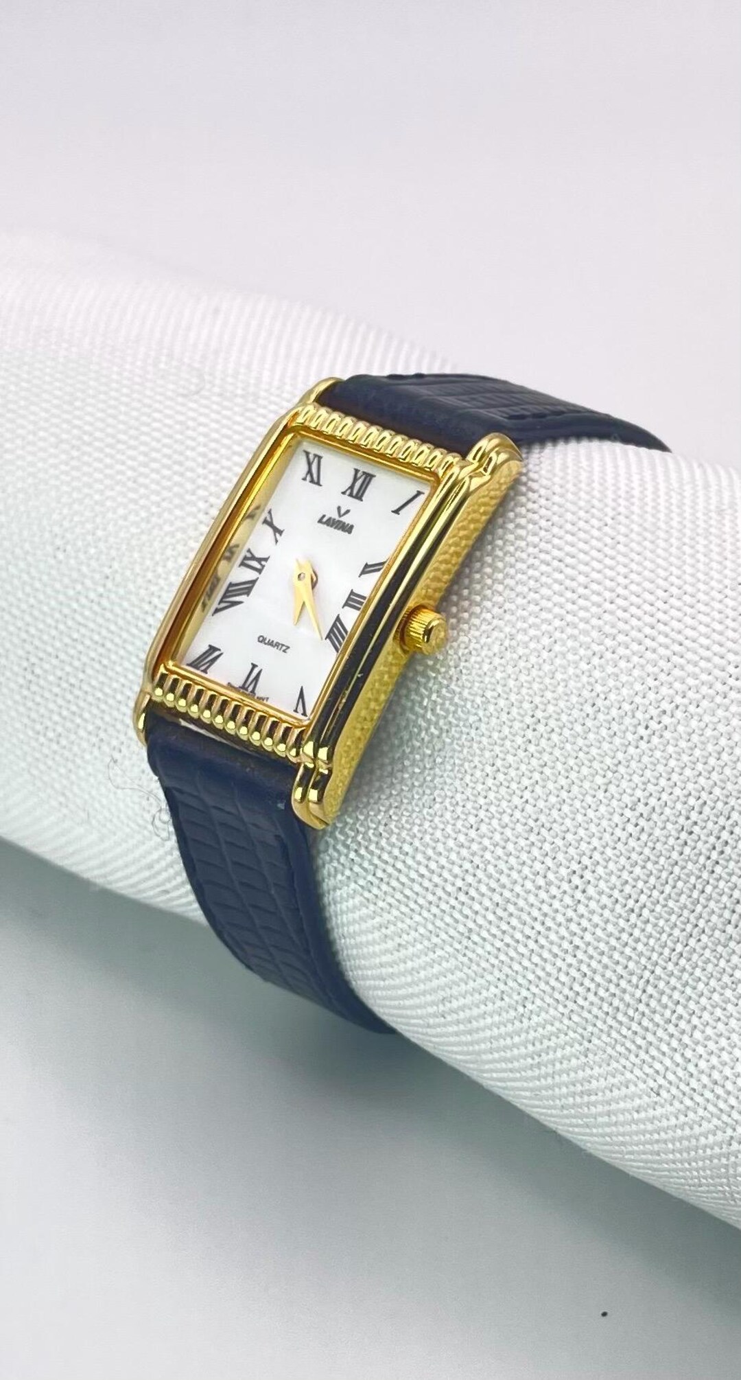 1990s Vintage Ladies Swiss Made LAVINA Tank Style Gold Plate Wrist ...