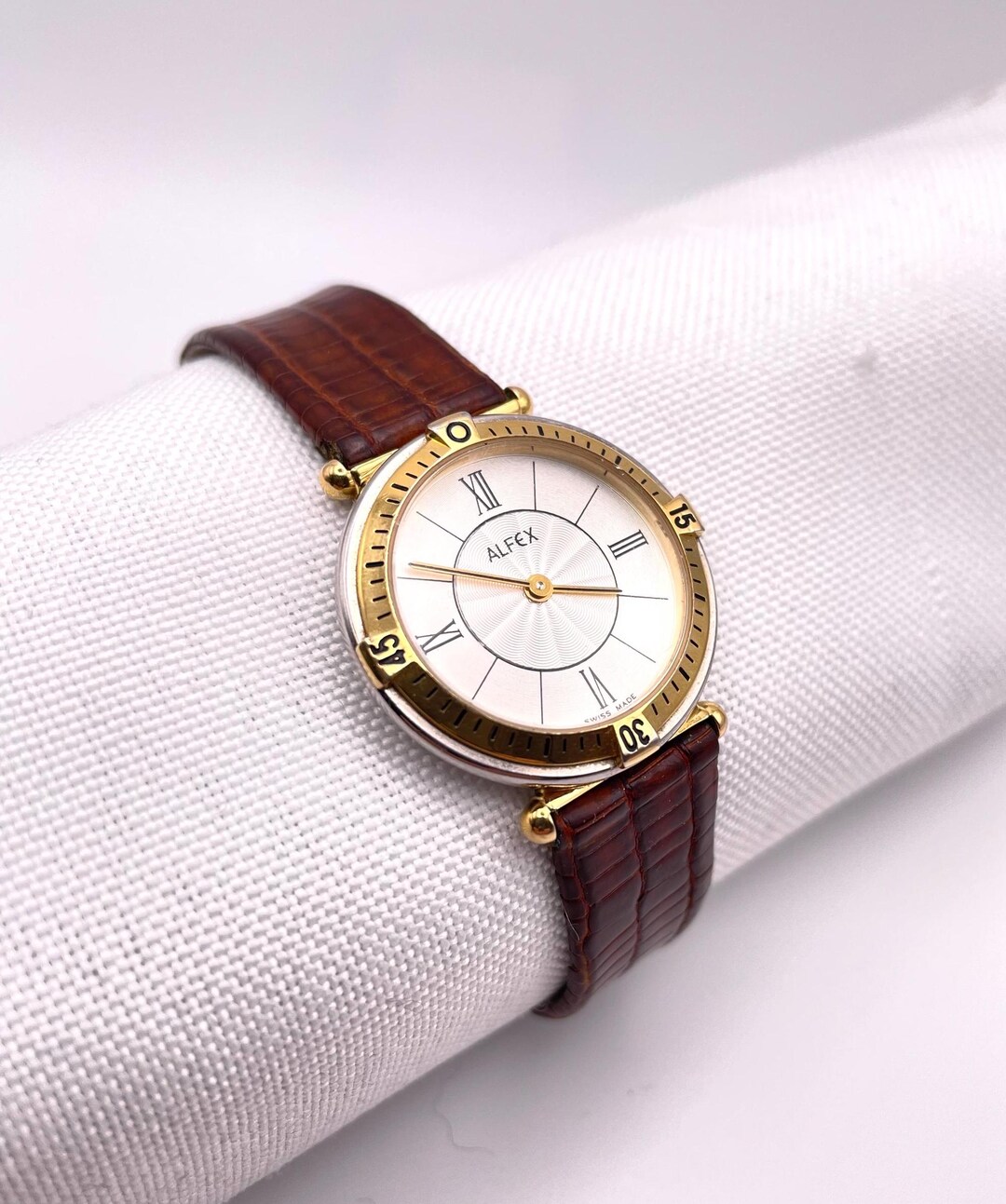 Vintage ALFEX Ladies Quartz Wristwatch Silver Sunburst Dial Round Case ...