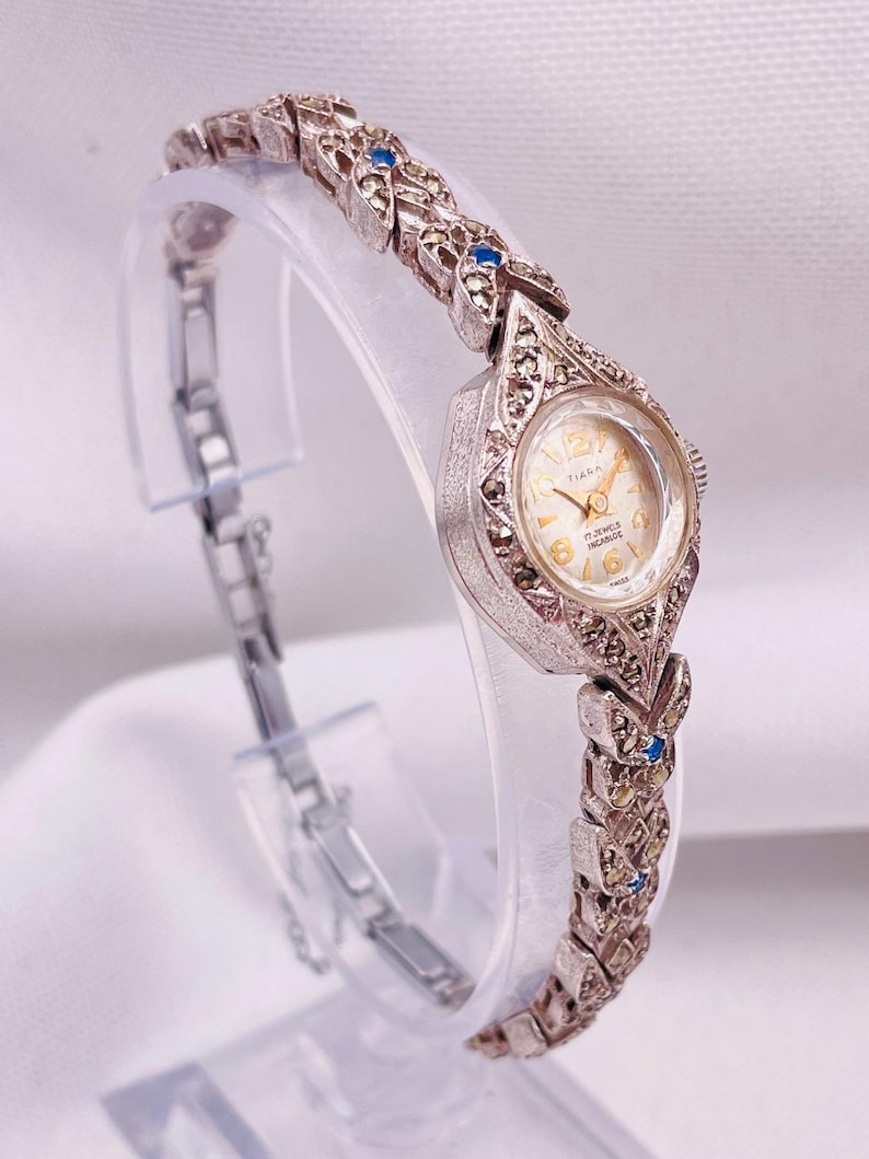 Elegant Vintage 1950s Cocktail Watch: Rhodium Plated With Marcasite and ...