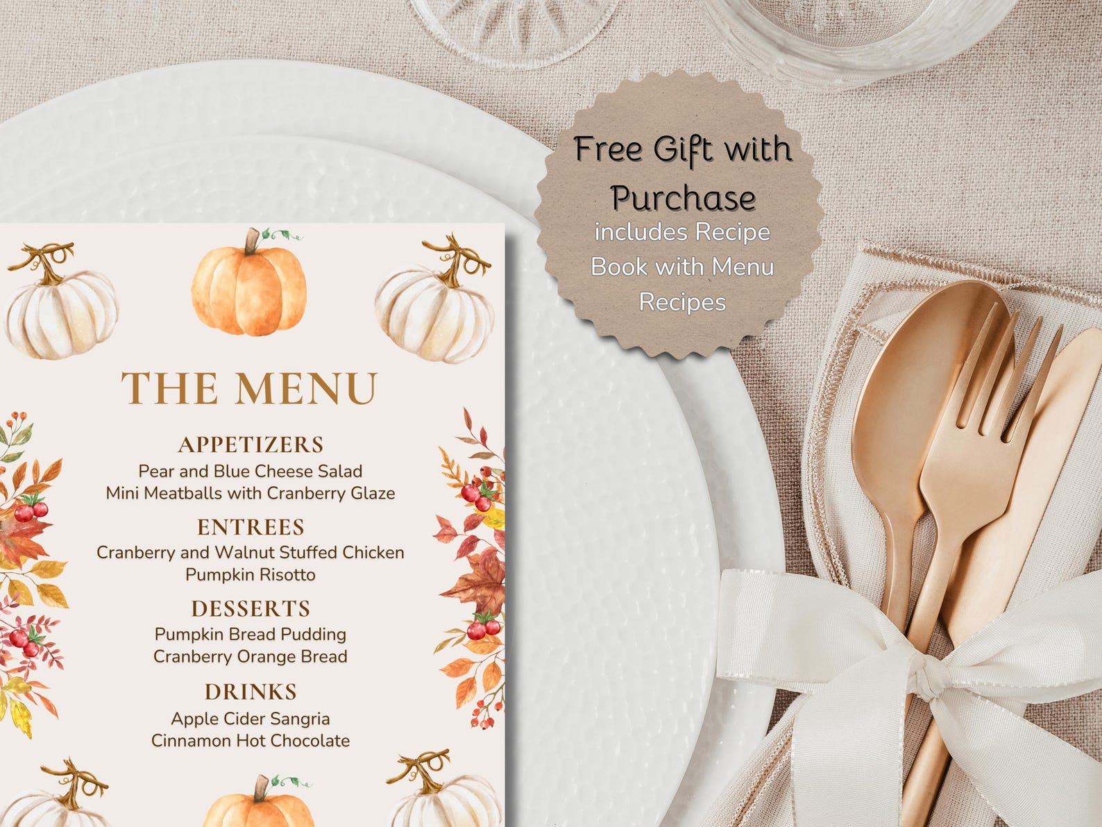 Thanksgiving Menu Digital Template Printable With Free Recipe Book ...