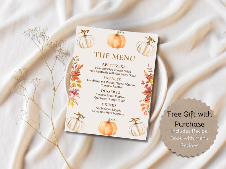 Thanksgiving Menu Digital Template Printable With Free Recipe Book ...