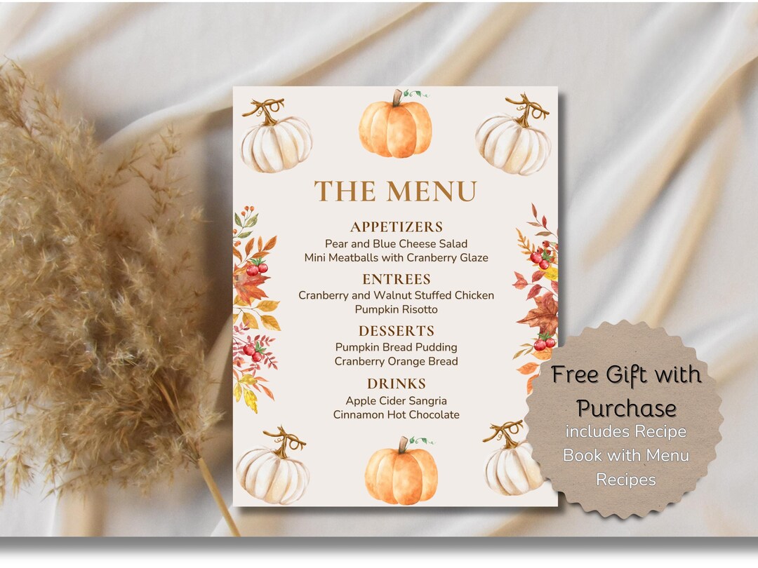 Thanksgiving Menu Digital Template Printable With Free Recipe Book ...