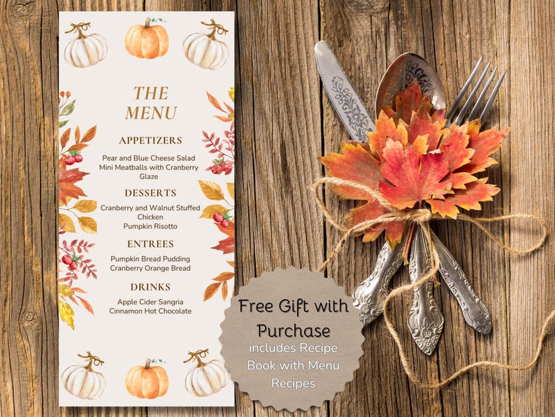Thanksgiving Menu Digital Template Printable With Free Recipe Book ...