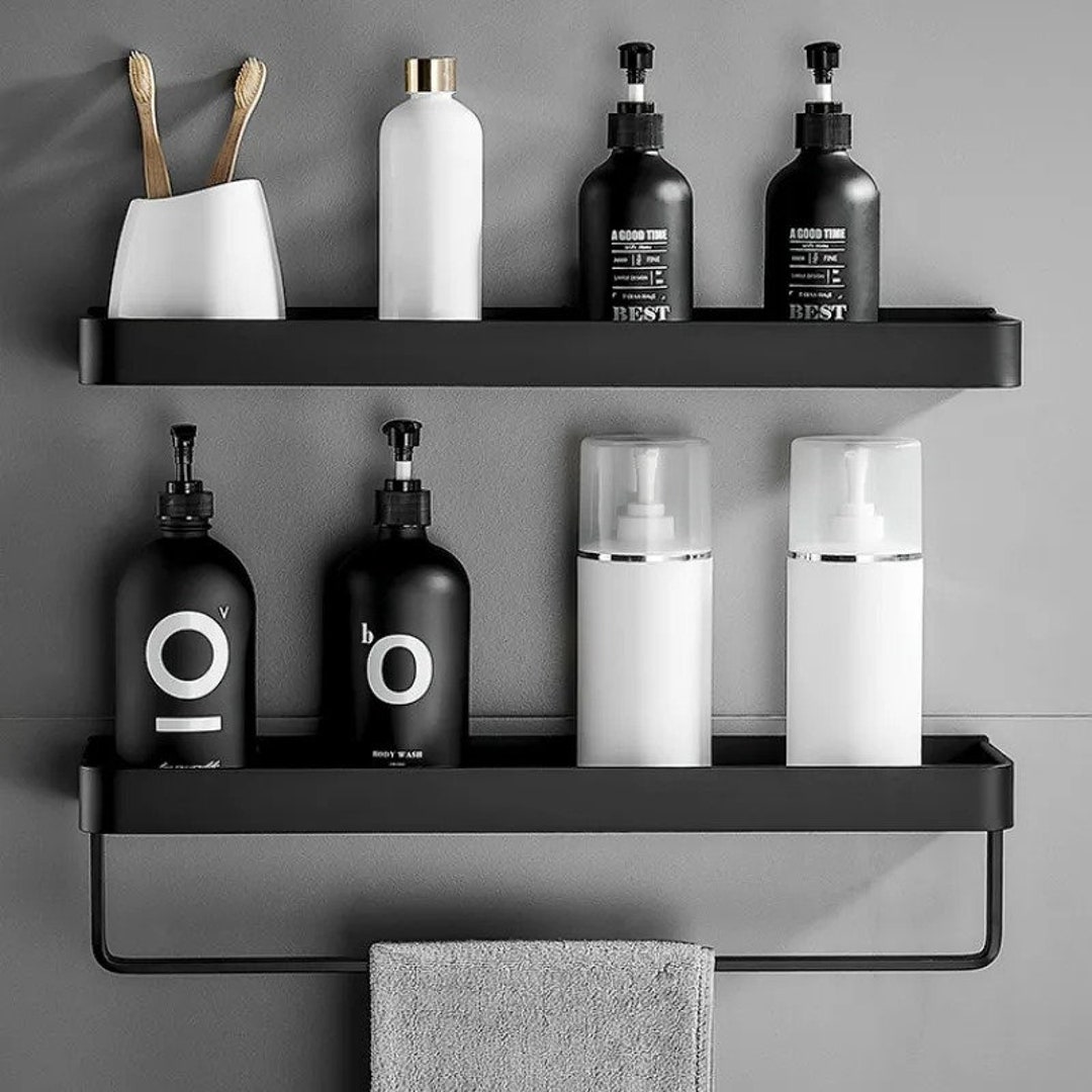 Black Metal Bathroom Shelf No Drilling, With Hook, Floating Shelf ...