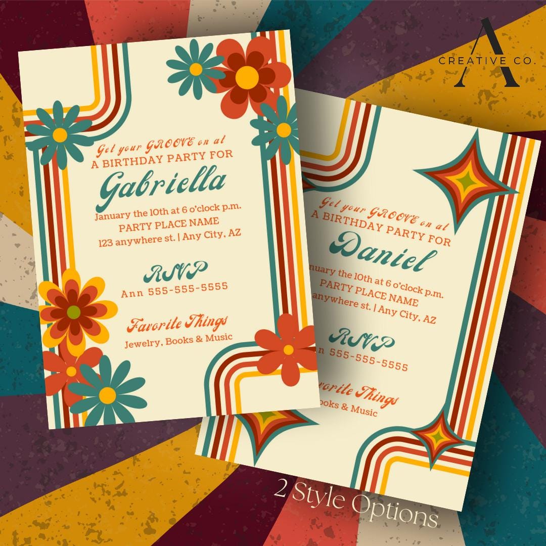 Groovy Retro Themed Party Invitation | Editable Digital Template | 2 ...