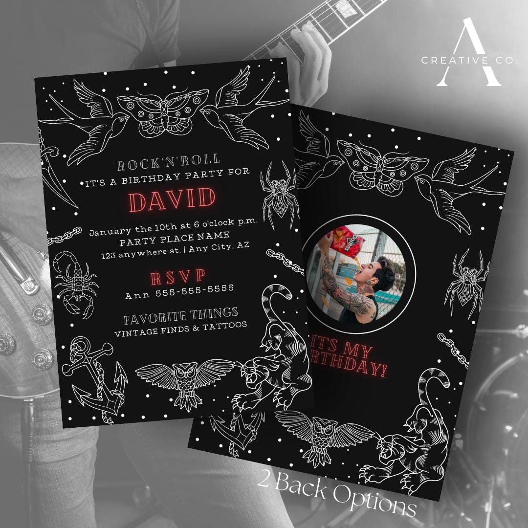 Editable Dark Tattoo Rock Party Invitation | Vintage Ink Birthday ...