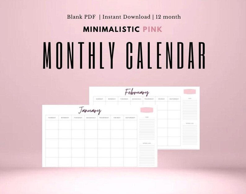Minimalistic Pink Monthly Calendar - Etsy